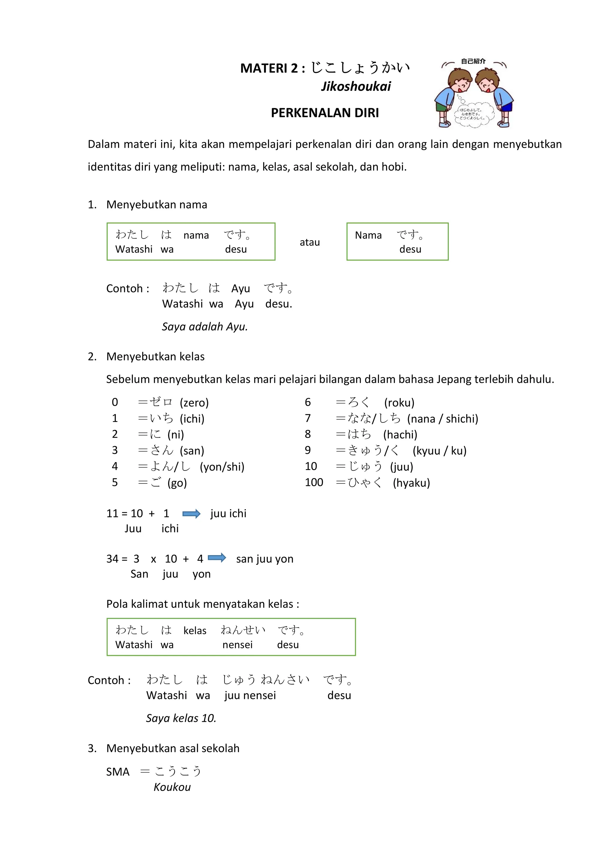 Perkenalan Diri dalam Bahasa Jepang untuk kelas dasar | PDF