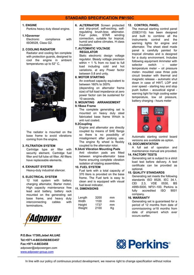 Specification – Perkins UK Generating Set – Dubai | PDF | Manufacturing ...