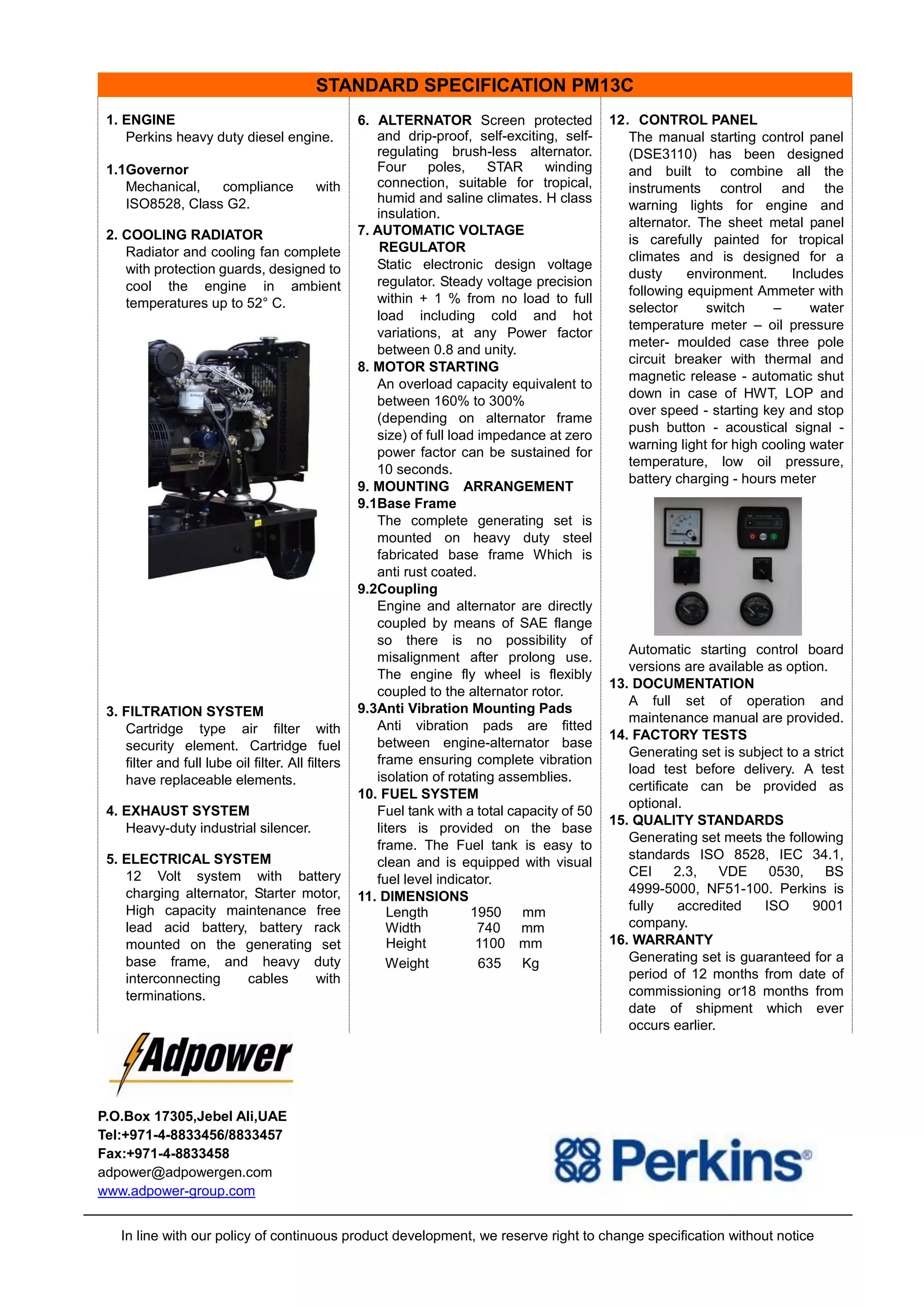 Perkins UK Generator Specifications Dubai - UAE | PDF