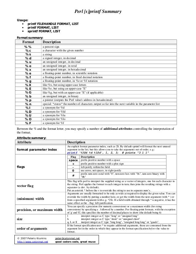 Perl pack unpack printf cheat sheet Perl pack unpack printf cheat sheet