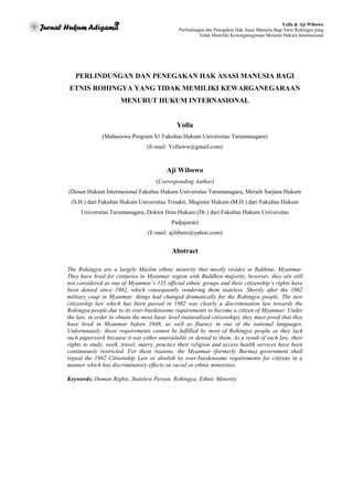 PERLINDUNGAN DAN PENEGAKAN HAK ASASI MANUSIA BAGI ETNIS ROHINGYA YANG TIDAK MEMILIKI ...