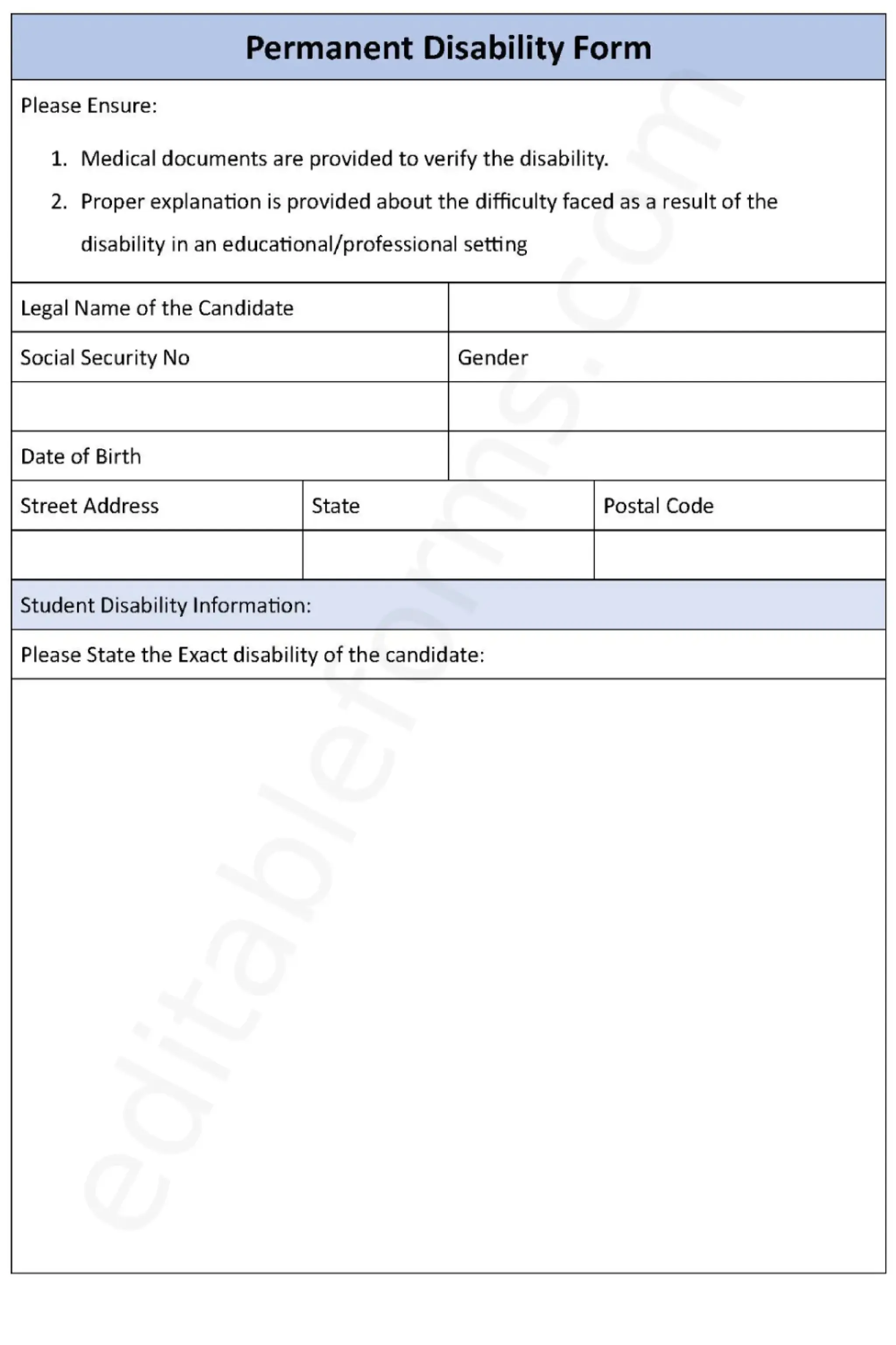 Permanent Disability Fillable PDF Template | PDF
