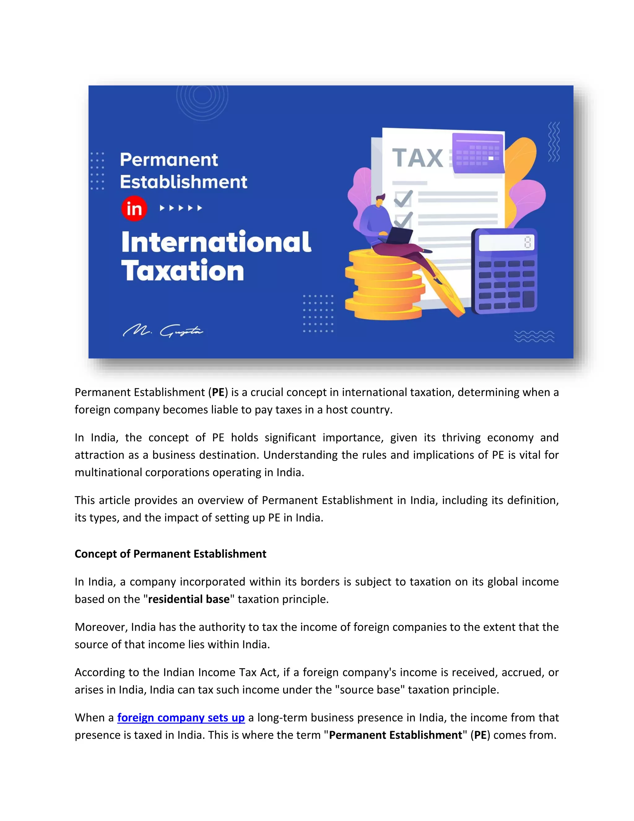 Permanent Establishment in International Taxation | PDF