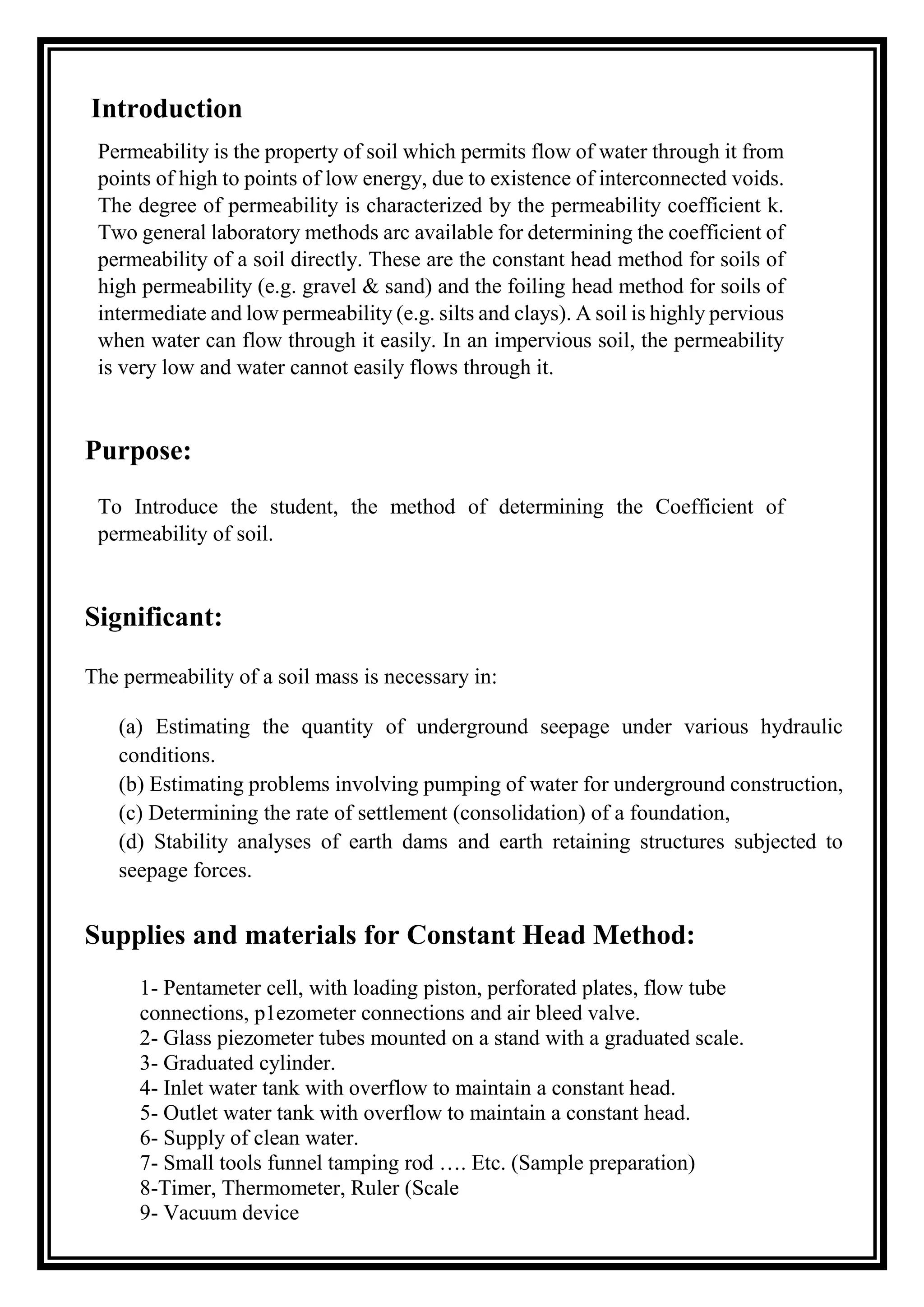 Permeability Test of soil Using Constant and Falling Head Method | PDF