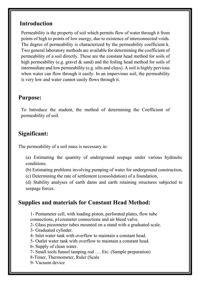 Permeability Test of soil Using Constant and Falling Head Method | PDF ...