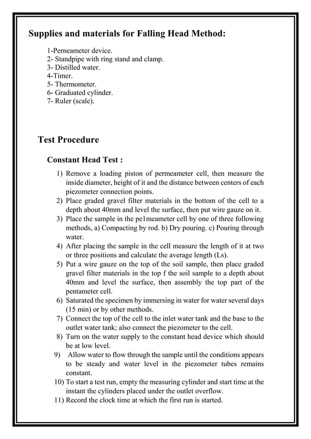 Permeability Test of soil Using Constant and Falling Head Method | PDF ...