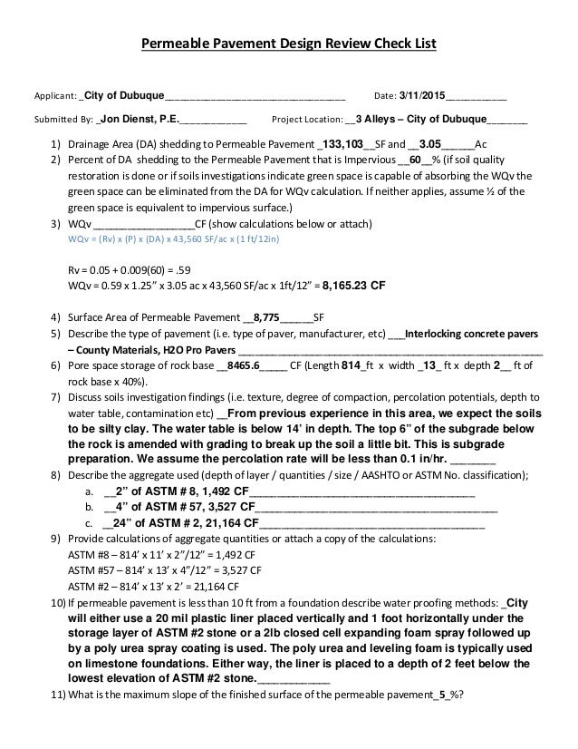 Permeable Pavement Check List