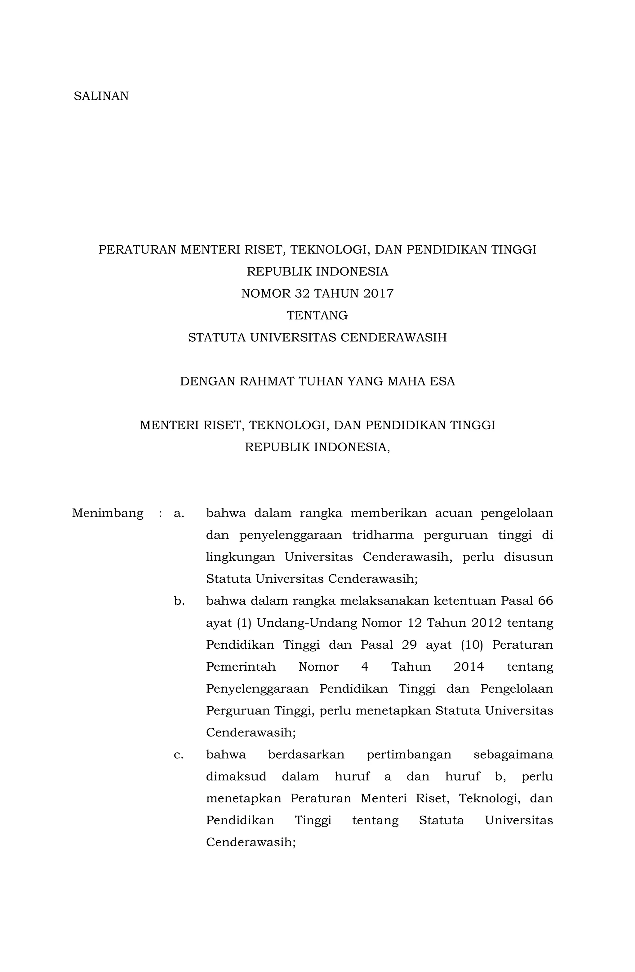 Permen N0 32 Tahun 2017 tentang Statuta Universitas Cenderawasih | PDF