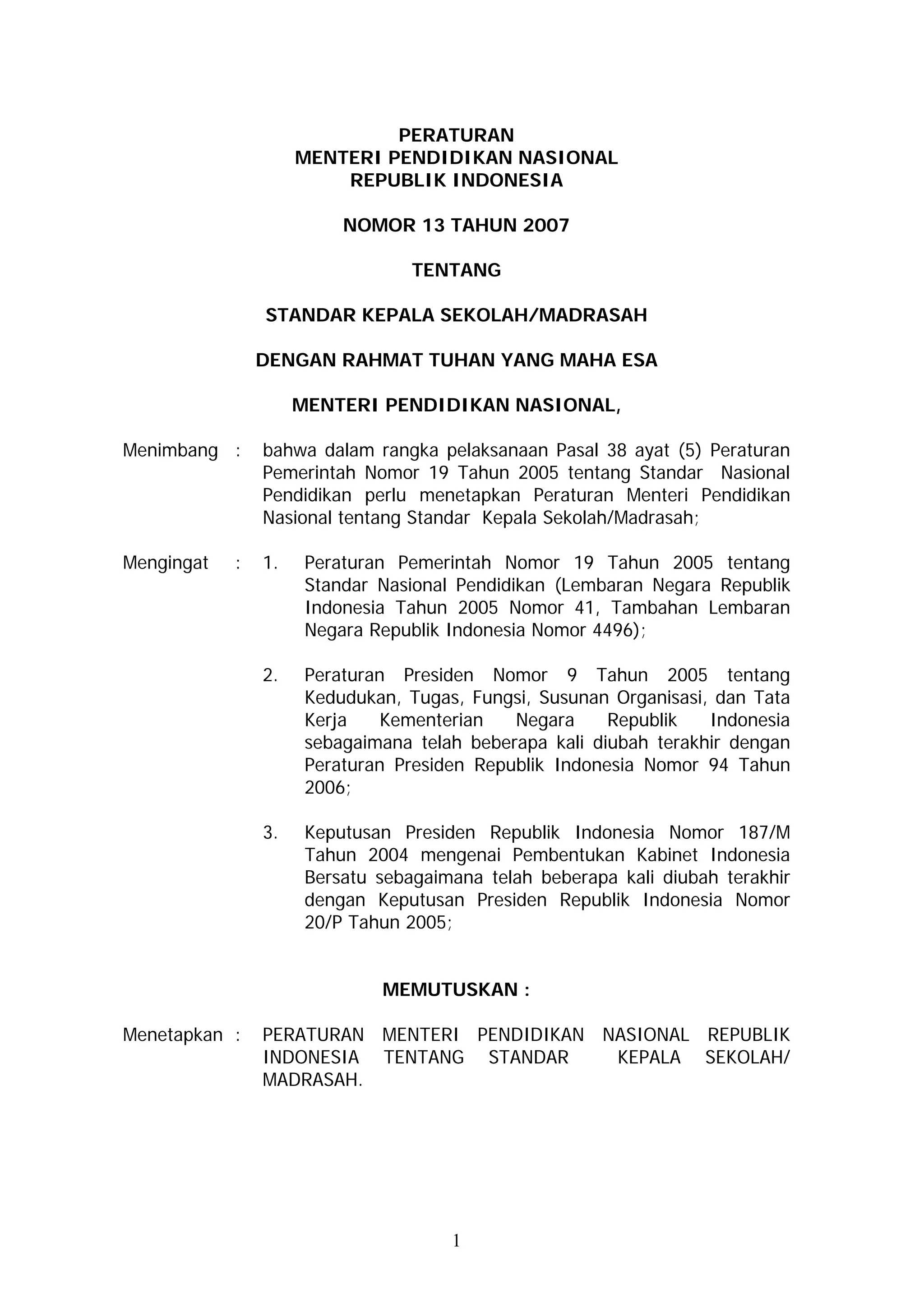 Permendiknas Nomor 13 Tahun 2007: Standar Kepala Sekolah/Madrasah | PDF