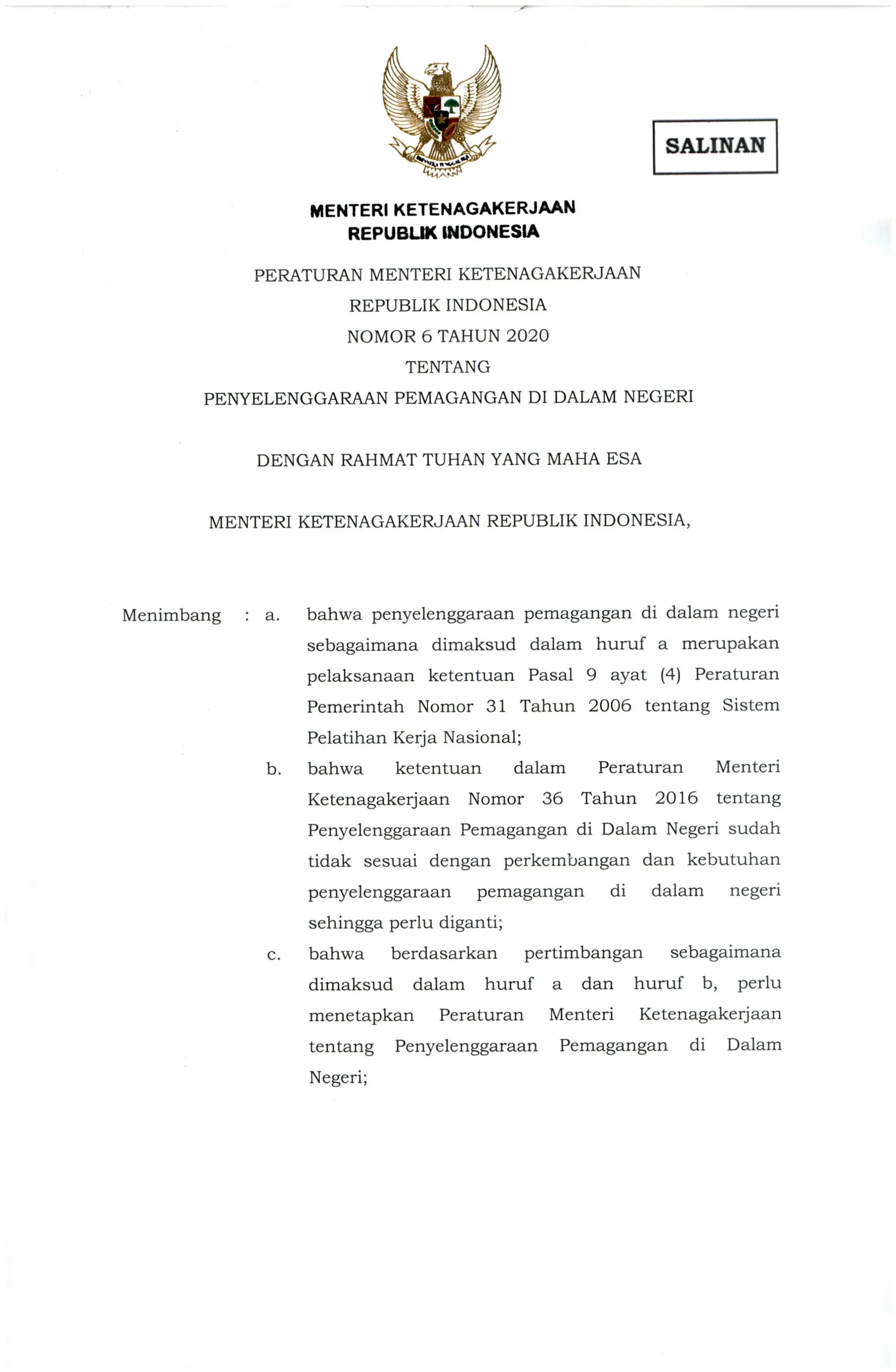Permenaker No 06 Tahun 2020 - Magang.pdf