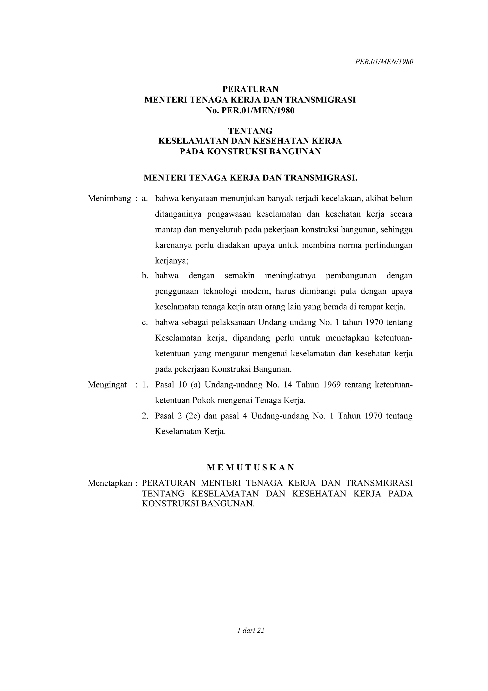 Permenakertrans No. 1 Tahun 1980 tentang K3 pada Konstruksi Bangunan.pdf