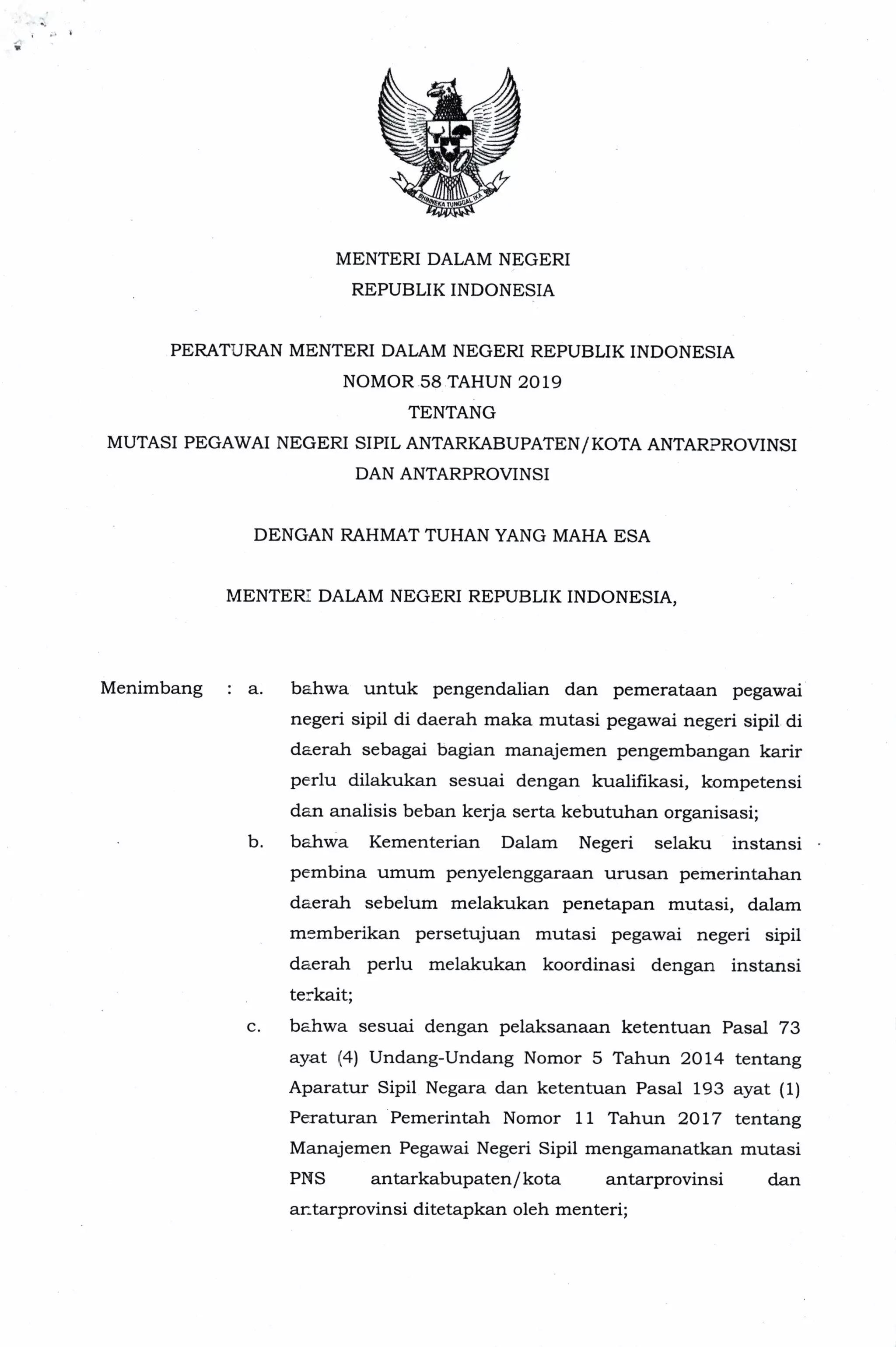 Permendagri 58 tahun 2019 tentang Mutasi PNS antarKabupaten/Kota ...