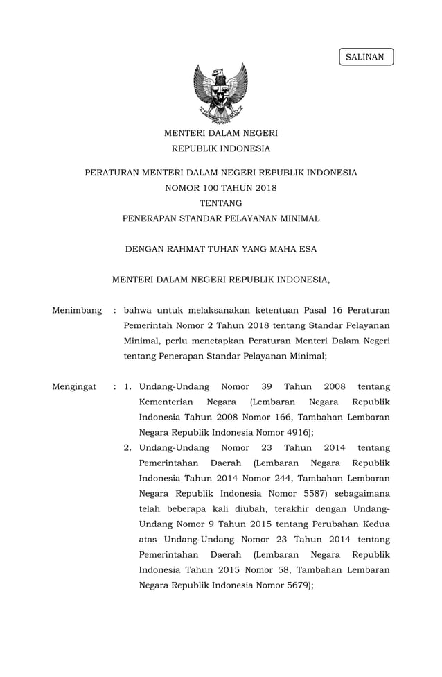 PERATURAN MENTERI DALAM NEGERI REPUBLIK INDONESIA NOMOR 100 TAHUN 2018 TENTANG PENERAPAN STANDAR ...