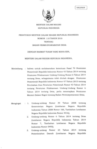 Permendagri Nomor 110 Tahun 2016 Bpd Pdf
