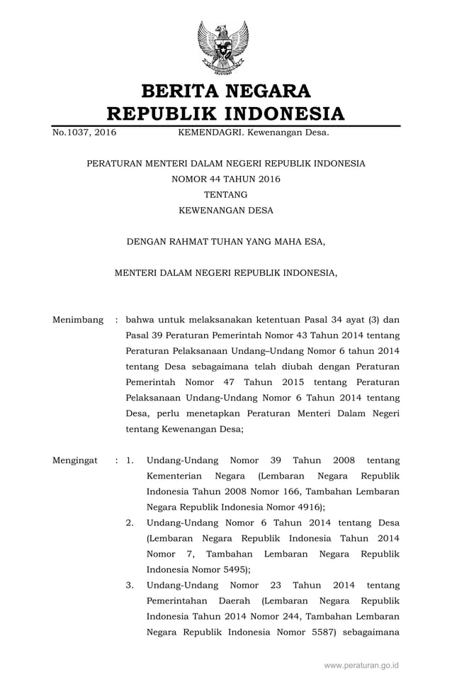 Peraturan Menteri Dalam Negeri No 6 tahun 2016 | PDF