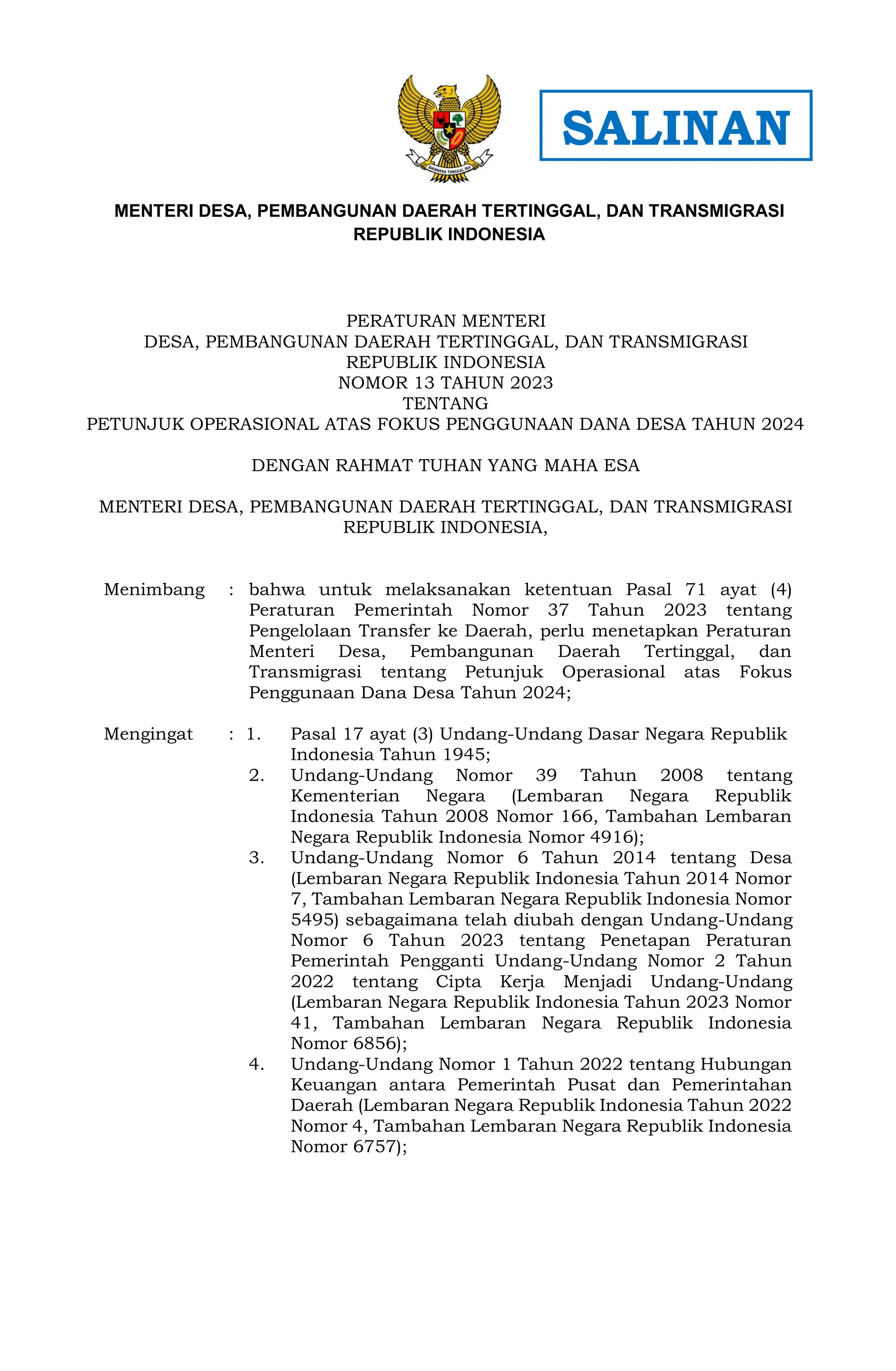 Permendesa Nomor 13 Tahun 2023 - Petunjuk Operasional DD 2024 [www ...