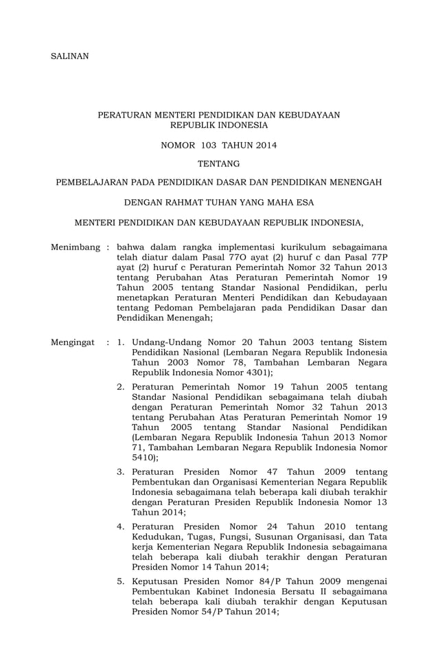 Permendikbud no-103-tahun-2014 | PDF