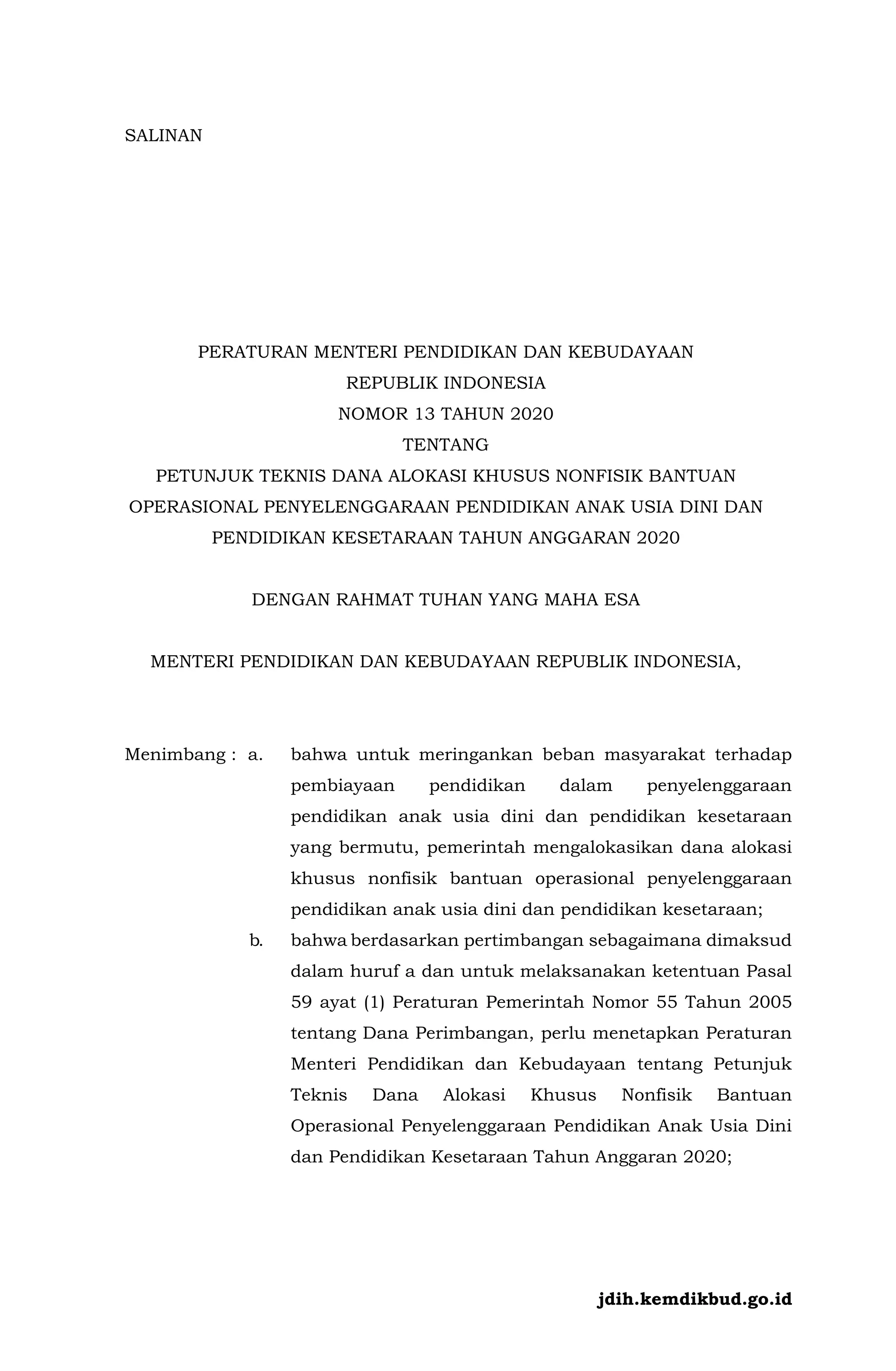 Permendikbud 13 tahun_2020_juknis_dak_nonfisik_bop_paud_dik_kesetaraan_ta_2020 | PDF