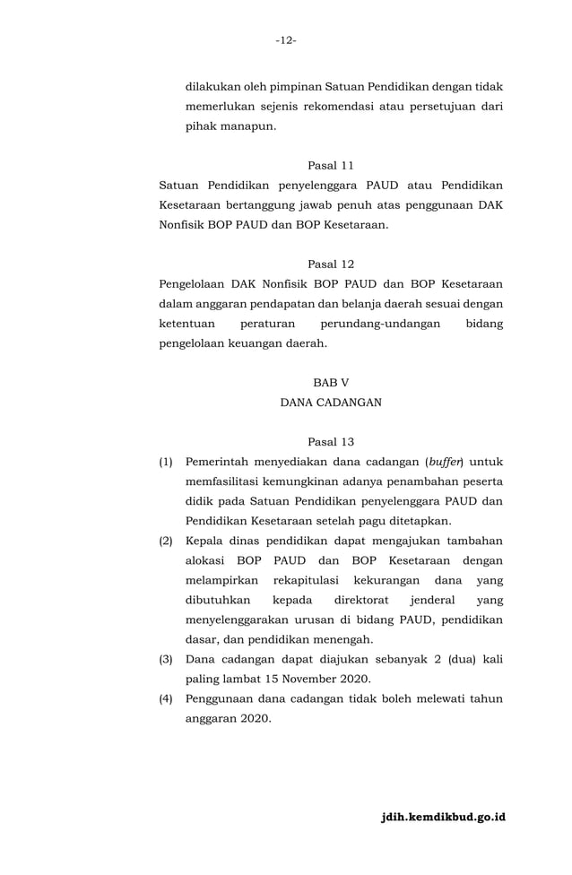 Permendikbud 13 tahun_2020_juknis_dak_nonfisik_bop_paud_dik_kesetaraan_ta_2020 | PDF