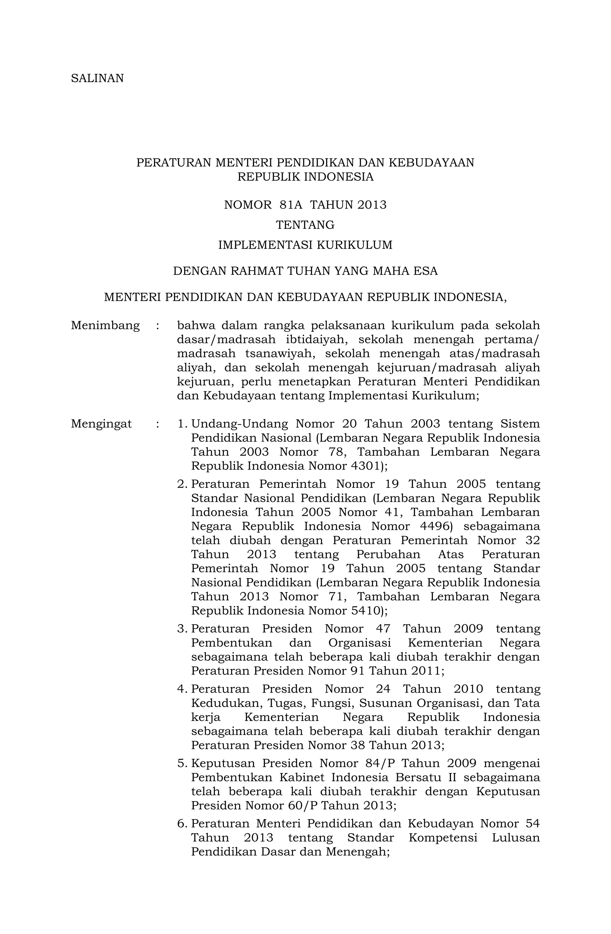 Permendikbud nomor 81 a tahun 2013 tentang implementasi kurikulum ...