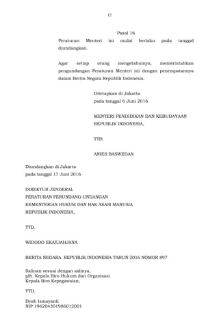 Permendikbud tahun 2016 nomor 023 | PDF