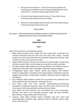 Permendiknas Pencegahan Plagiat 2010 | PDF