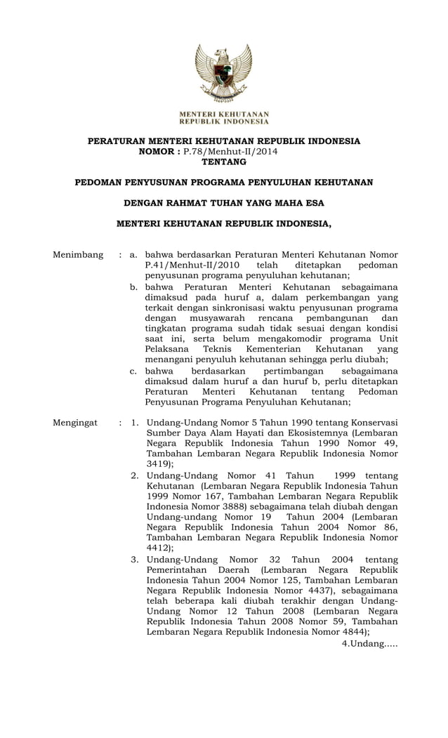 Permenhut ri no 78 th 2014 ttg pedoman penyusunan programa penyuluhan kehutanan | PDF