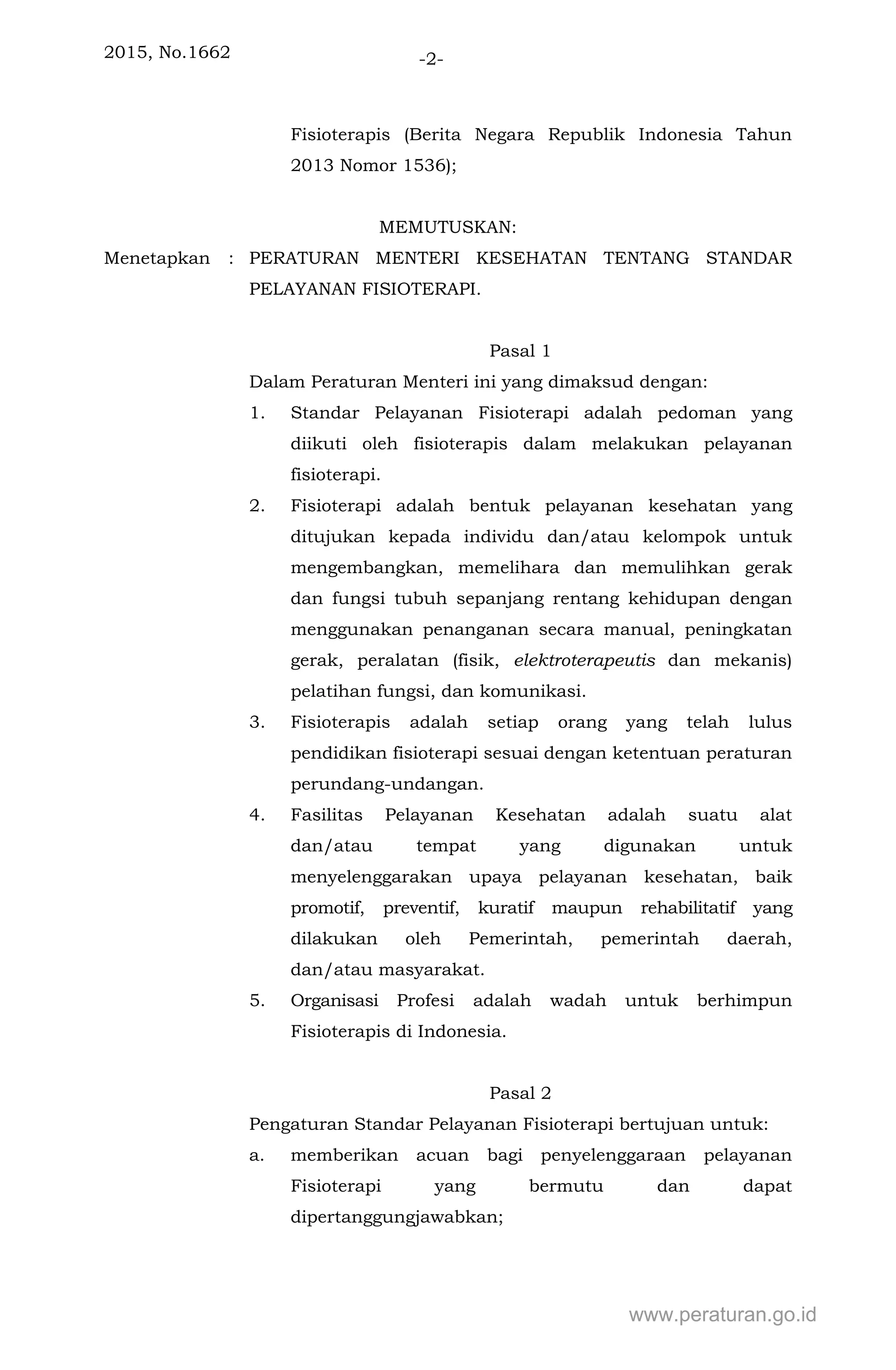 Permenkes 65 tahn 2015 ttg standar pelayanan fisioterapi | PDF