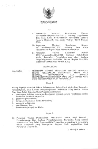 Permenkes No.46 Thn.2012 ttg Petunjuk Teknis Pelaksanaan Rehabilitasi Medis bagi Pecandu ...