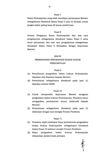 Permenkumham no 3 tahun 2016 tentang pengesahan badan hukum perkumpulan | PDF