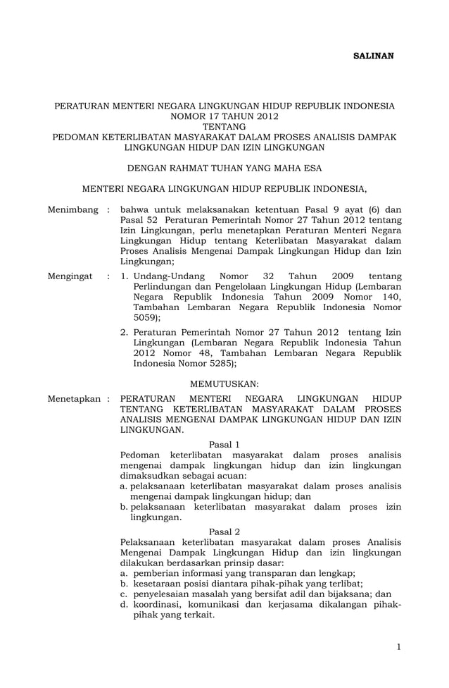 Permen lh no 17 th 2012 keterlibatan masy dlm amdal dan izin lingk | PDF
