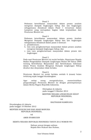 Permen lh no 17 th 2012 keterlibatan masy dlm amdal dan izin lingk | PDF