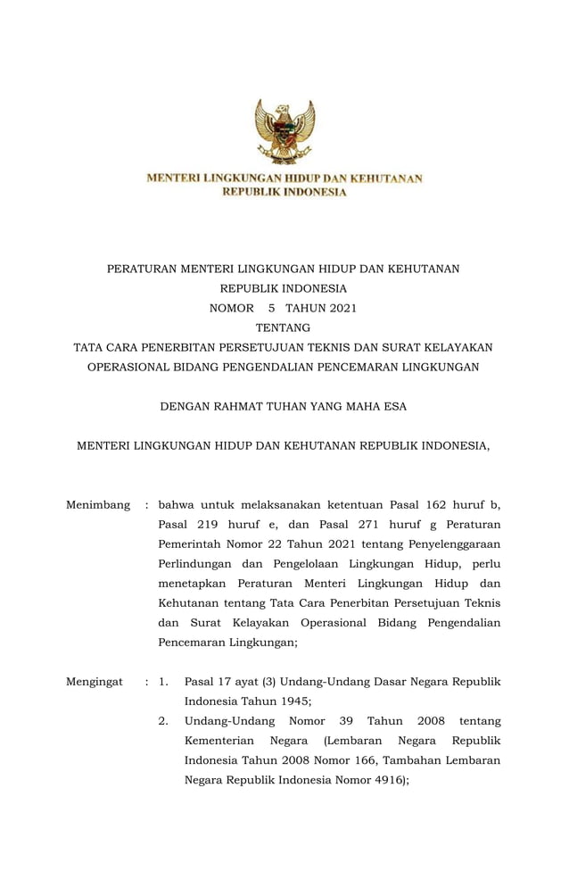 Permen LH No 5 2021 Tentang Tata Cara Penerbitan Pertek dan SLO Air ...
