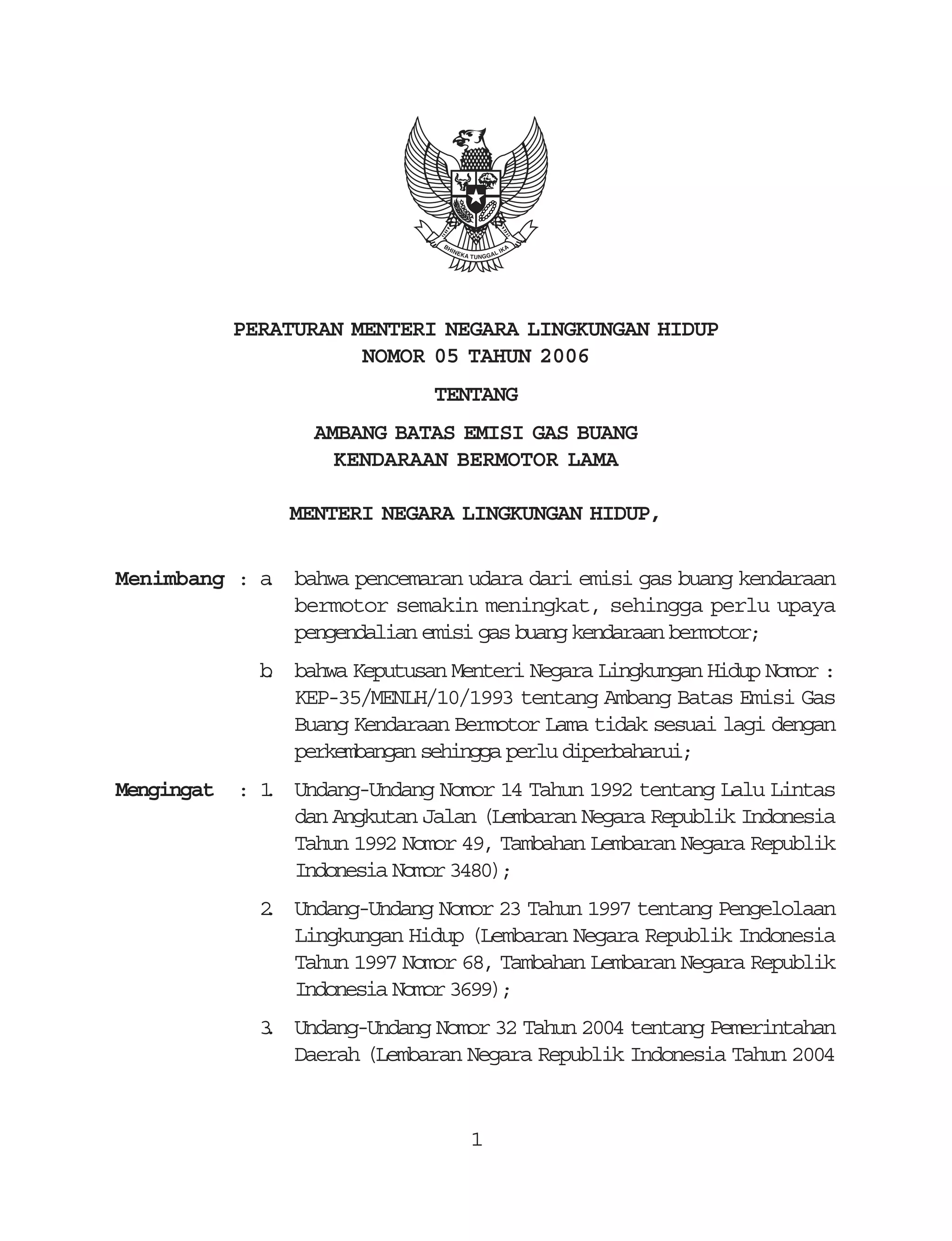 PERMENLH RI No. 5 Tahun 2006 tentang Ambang Batas Emisi Gas Buang ...