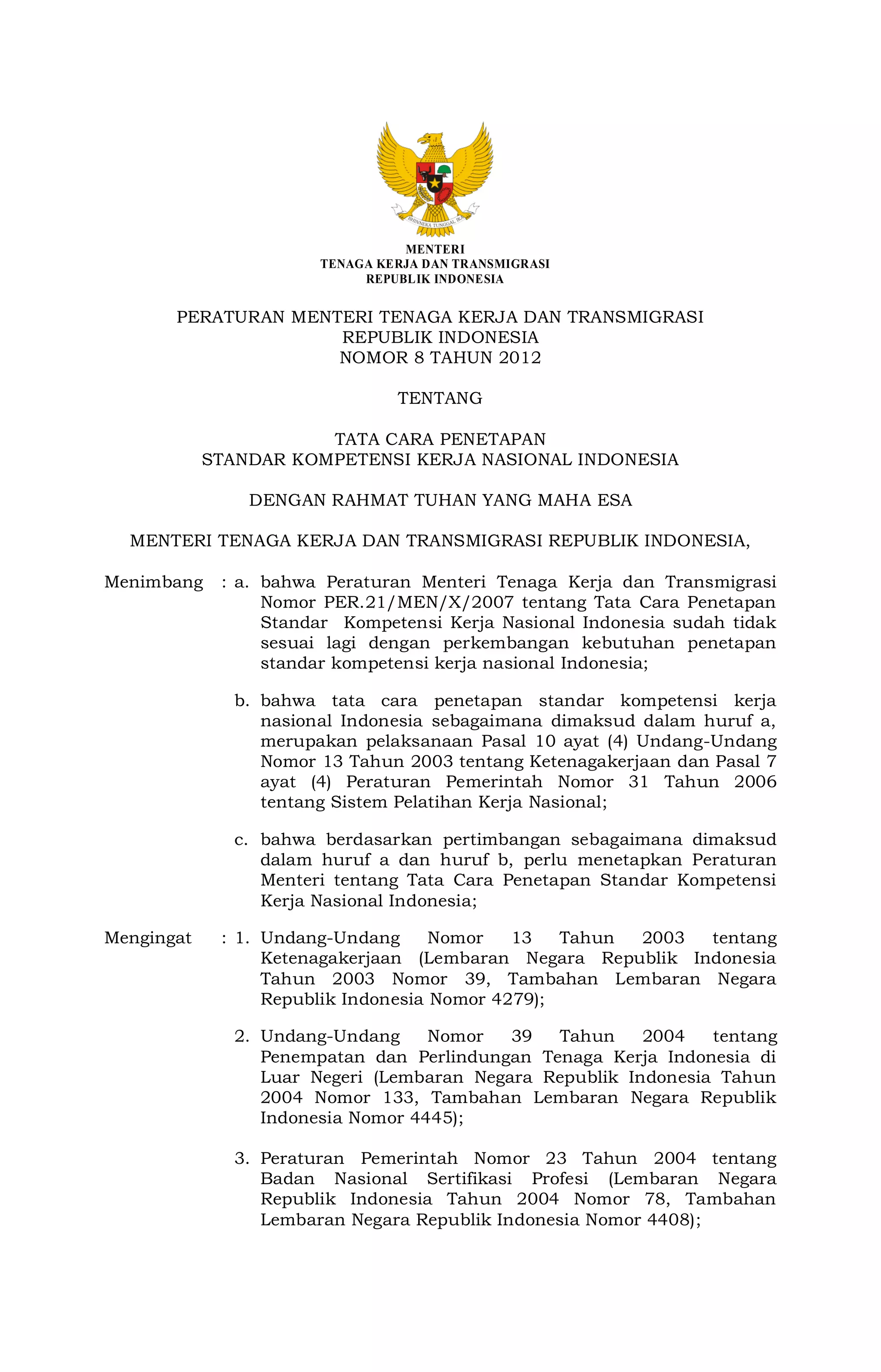 Permen No 8 tahun 2012 TTG Tata Cara penerapan SKKNI | PDF