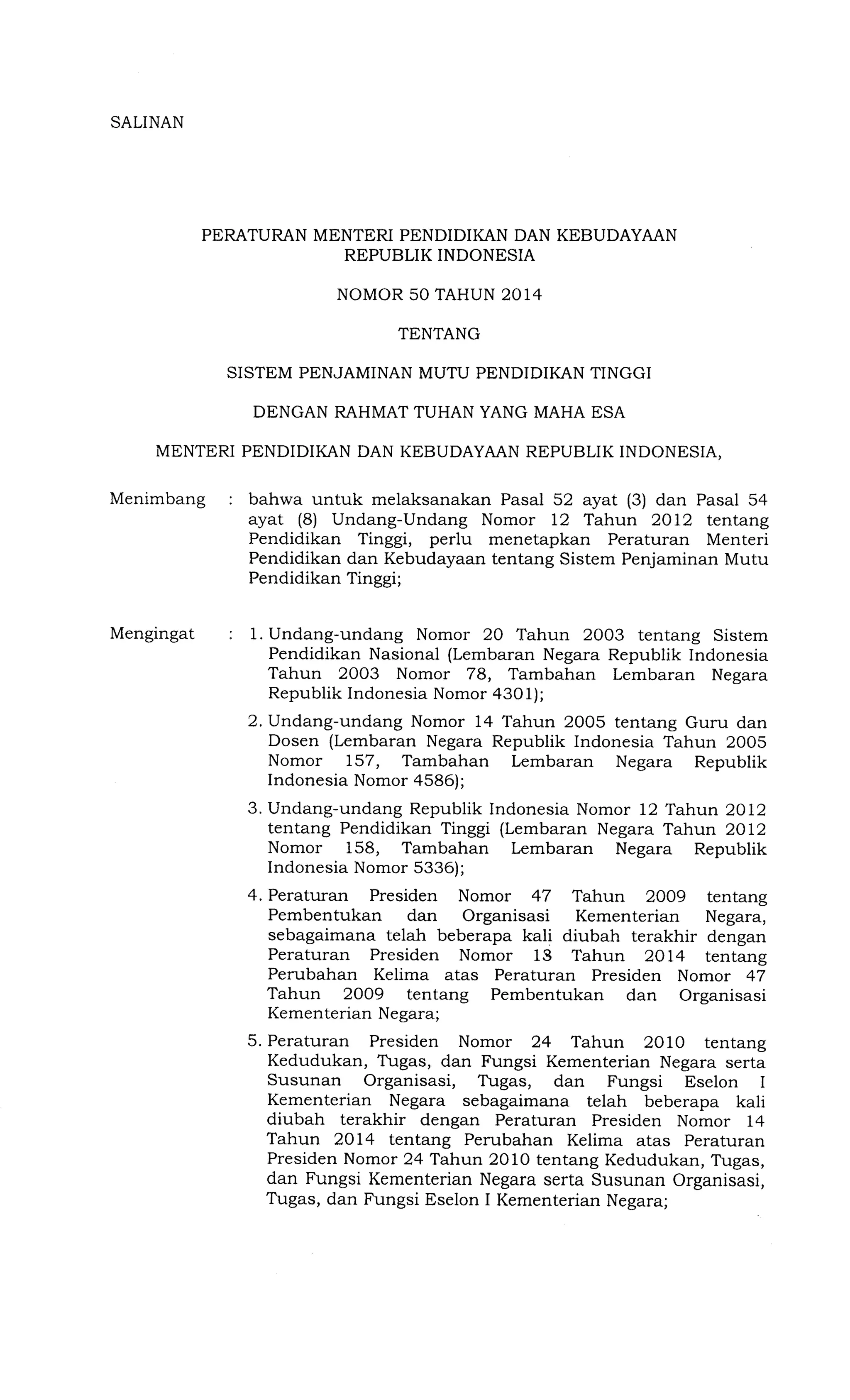 Permen no. 050 2014 sistem penjaminan mutu pendidikan tinggi | PDF
