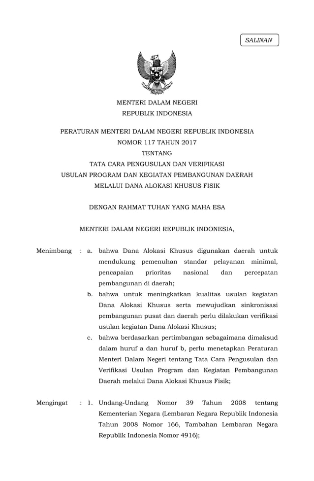 Permen no.117 th 2017 tata cara pengusulan dan verifikasi dak proposal | PDF