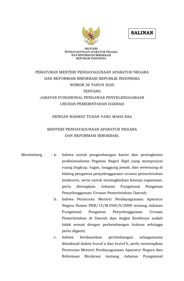 Permenpan RB Nomor 36 Tahun 2020 tentang JABATAN FUNGSIONAL PENGAWAS PENYELENGGARAAN URUSAN ...