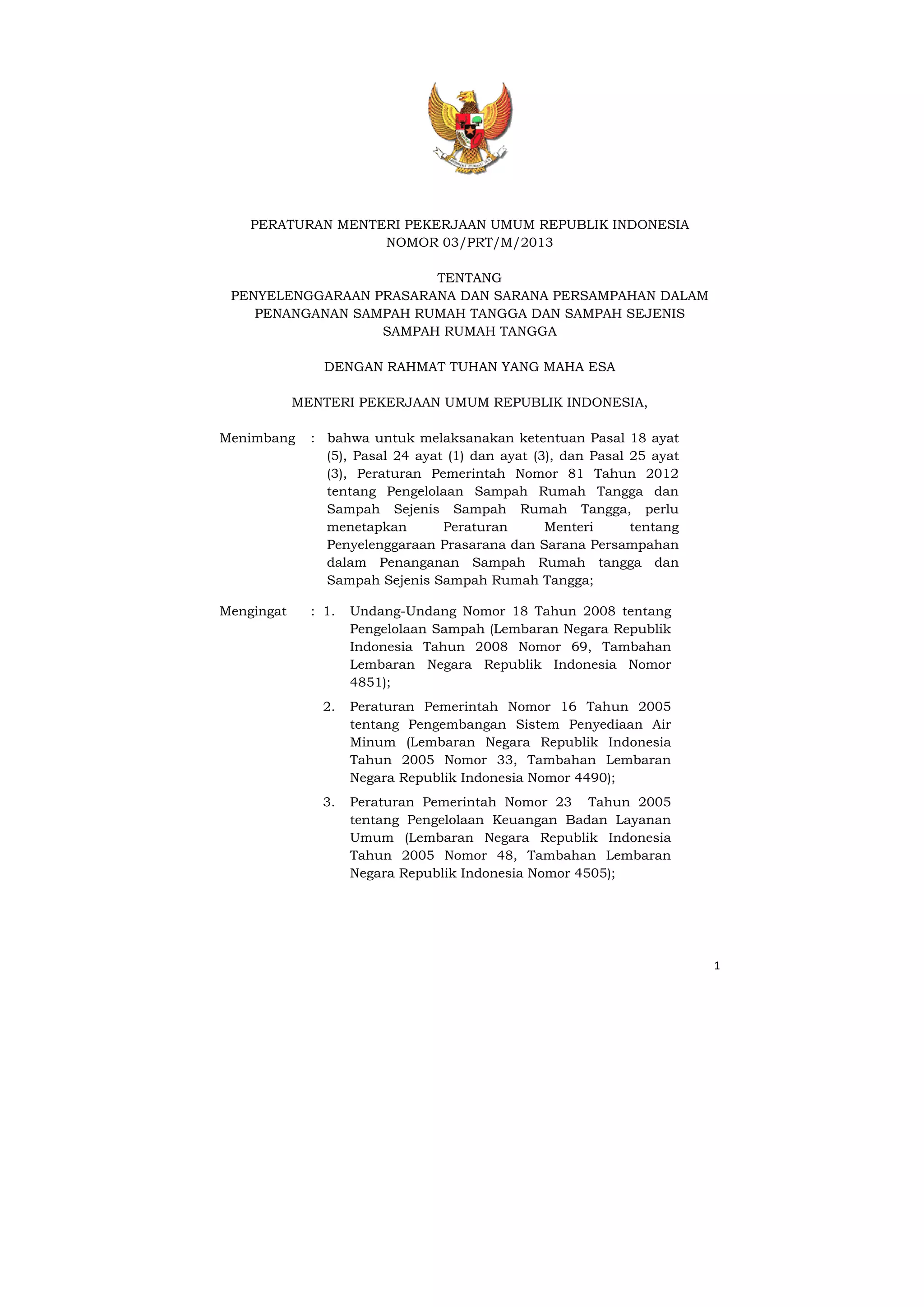 Permen PU Nomor 3 Tahun 2013 tentang Penyelenggaraan Prasarana Dan ...