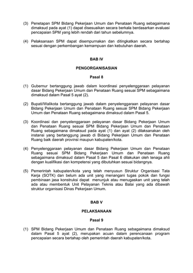 PerMen Pekerjaan Umum No. 14 Tahun 2010 Standar Pelayanan Minimal bidang PU dan Penataan Ruang | PDF