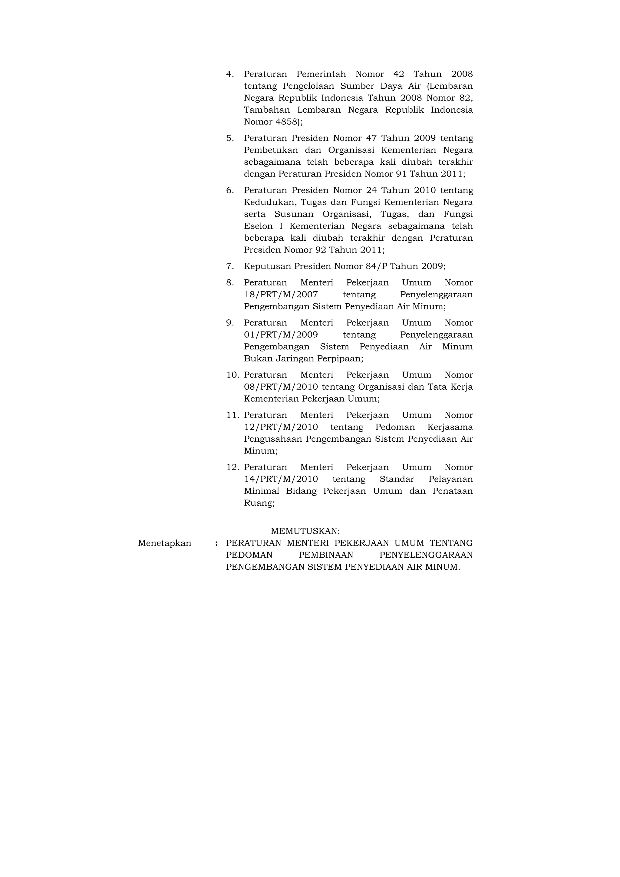 Permen PU Nomor 18 Tahun 2007 tentang Penyelenggaraan Pengembangan Sistem Penyediaan Air Minum | PDF