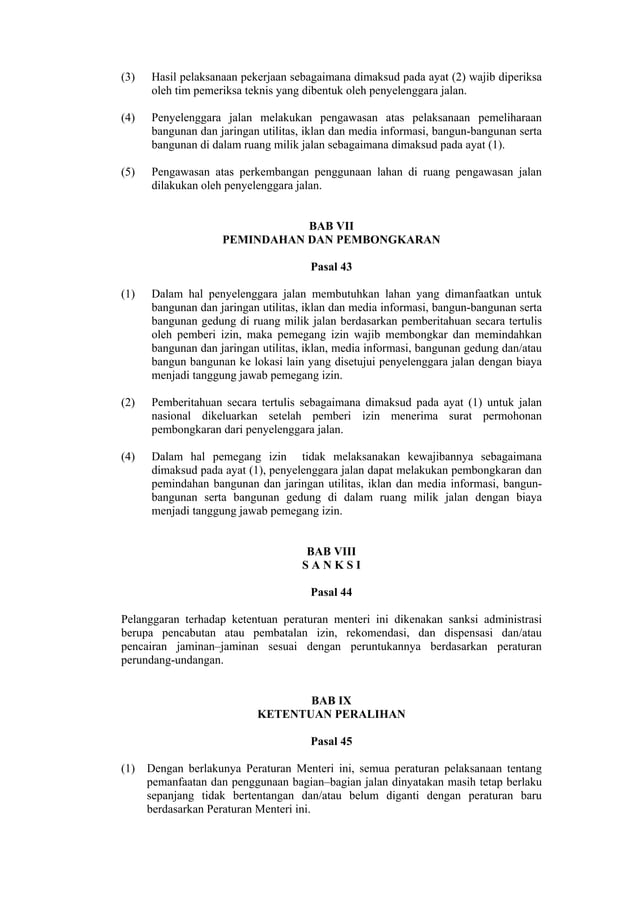 Permen PU No.20 Tahun 2010 - Pedoman Penggunaan dan Pemanfaatan Bagian-Bagian Jalan | PDF