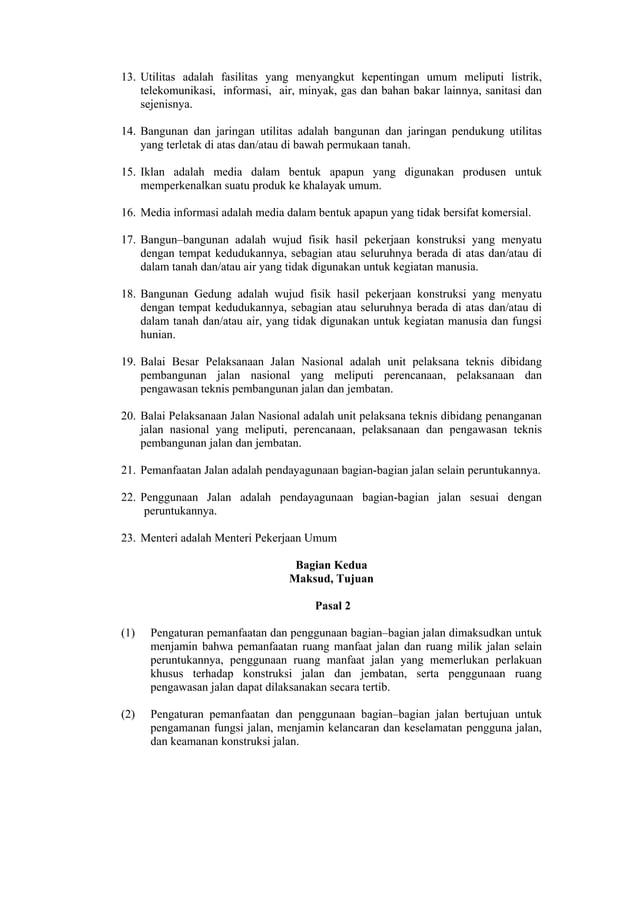 Permen PU No.20 Tahun 2010 - Pedoman Penggunaan dan Pemanfaatan Bagian-Bagian Jalan | PDF