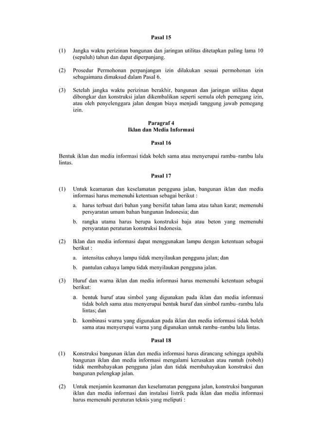 Permen PU Nomor 20 Tahun 2010 tentang Pedoman Pemanfaatan Dan Penggunaan Bagian-Bagian Jalan | PDF