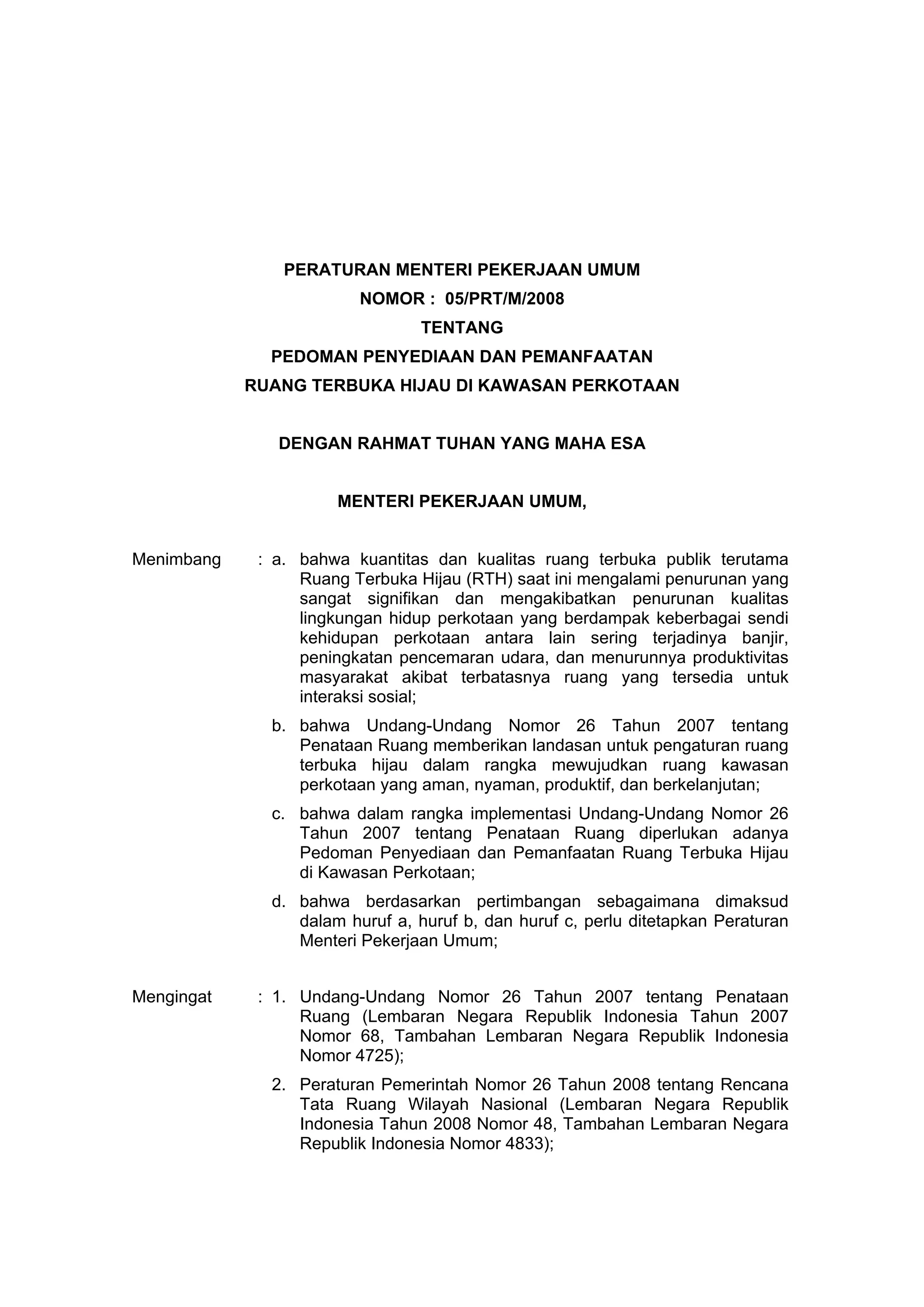 Permen pu no. 5 tahun 2008 tentang rth | PDF