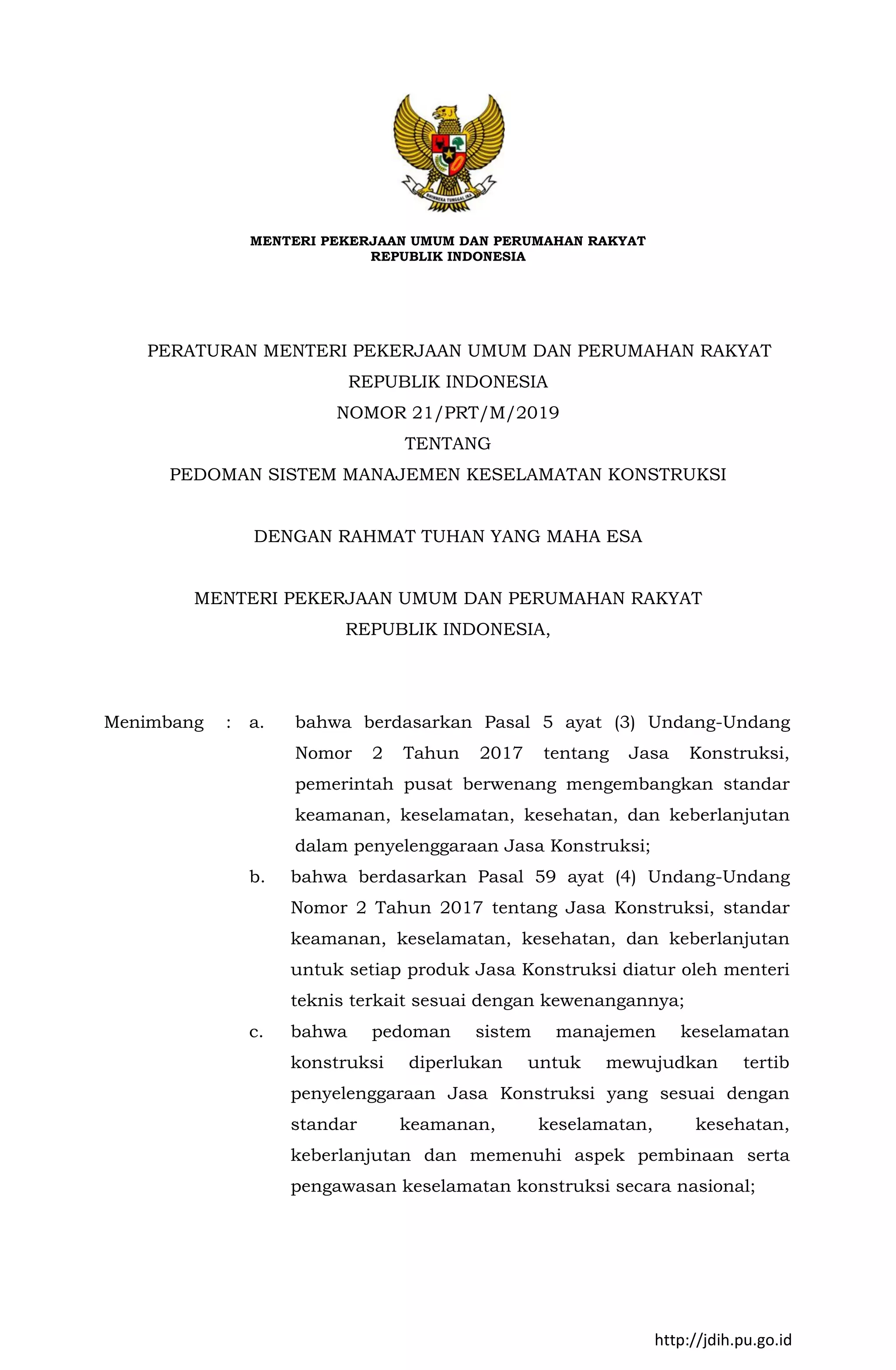 Permen pupr21 2019-smkk PERATURAN MENTERI PEKERJAAN UMUM DAN PERUMAHAN RAKYAT REPUBLIK INDONESIA ...