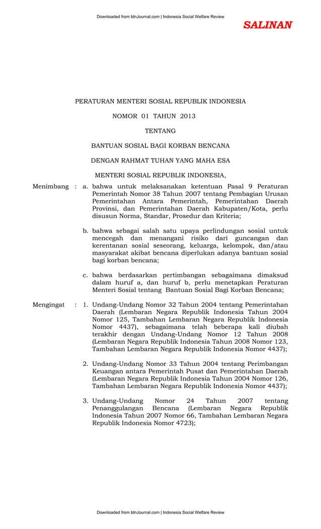 Permensos no. 1 tahun 2013 idn journal | PDF