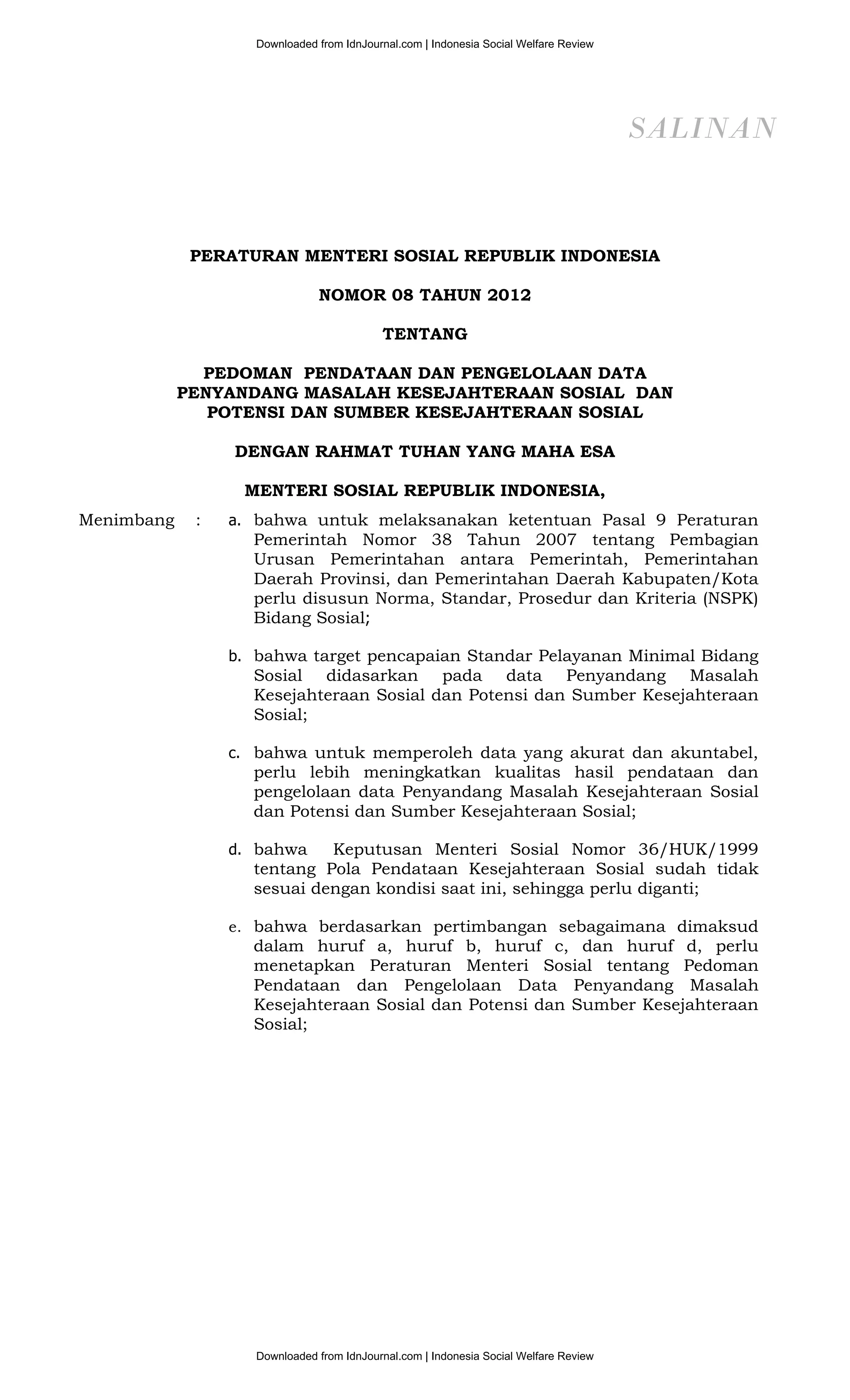 Permensos no. 08 tahun 2012 idn journal | PDF