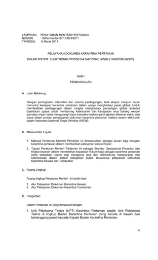 Permentan 18 thn 2011 insw karantina | PDF