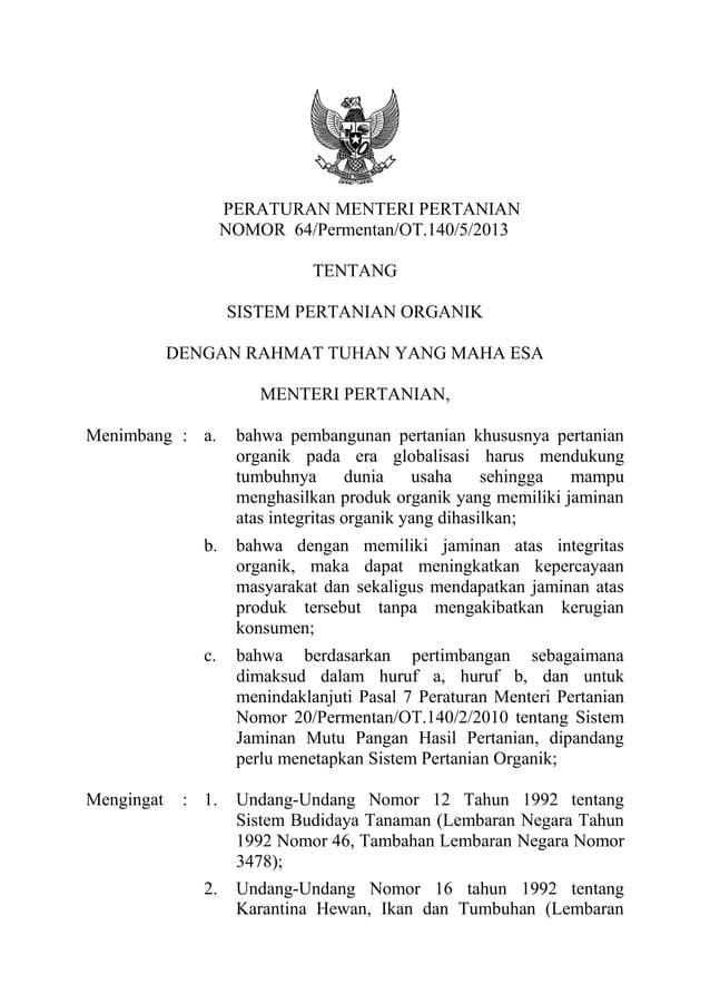 Permentan No 64 Tahun 2013 tentang Sistem Pertanian Organik | PDF